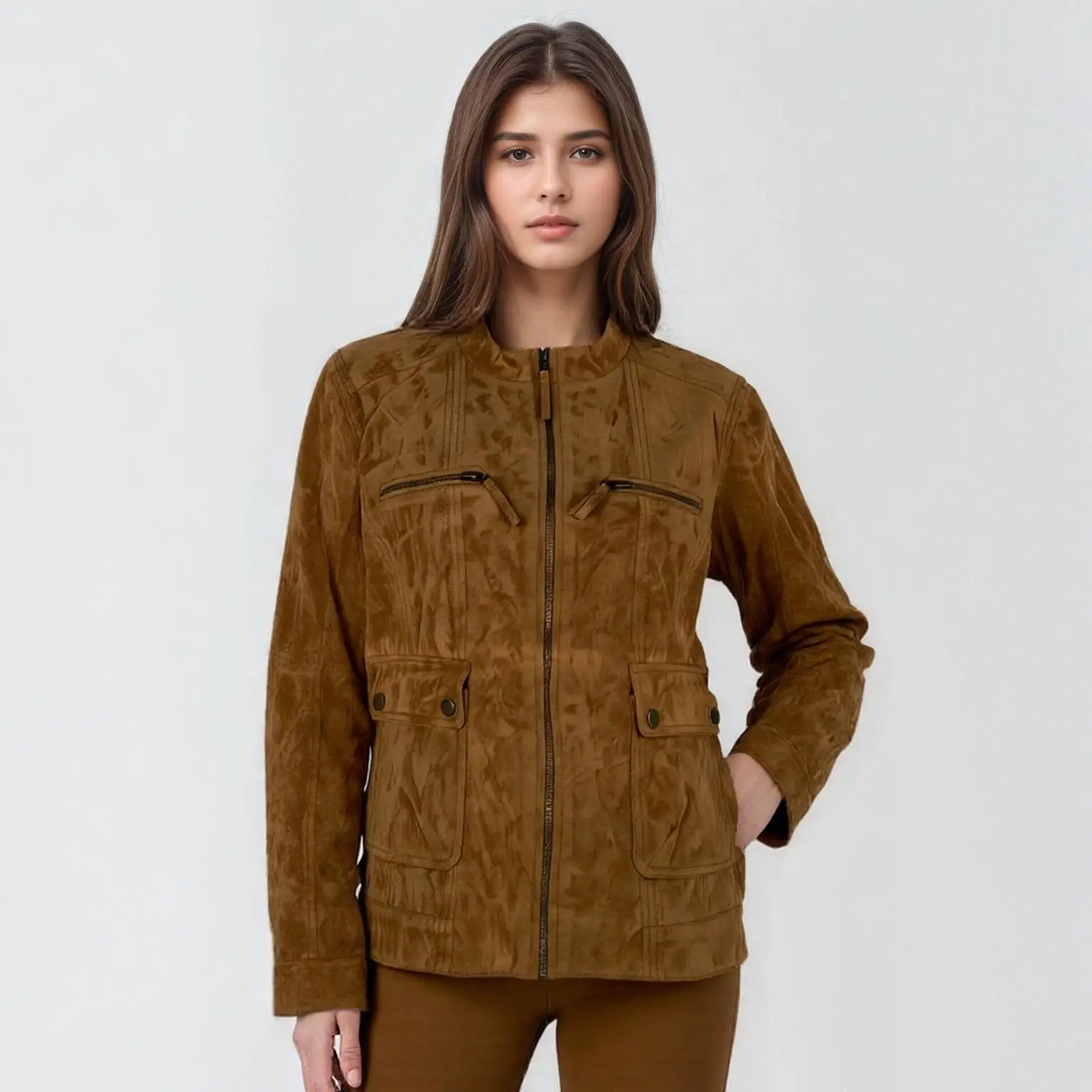 2025 Women's Tan Utility Jacket | Suede-Finish Stand Collar W/2 ...