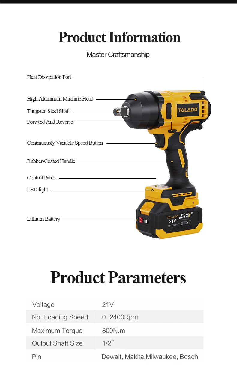 TALADO Brushless Electric Impact Wrench - 800n.m Torque