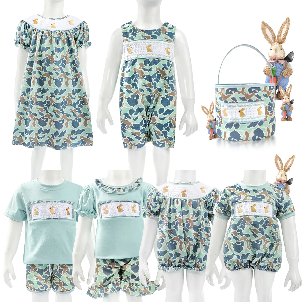 Custom Easter Smocked Outfits Camouflage Print Smocked Easter Sibling ...