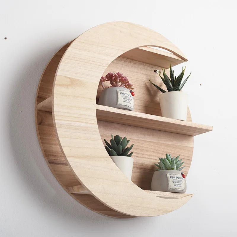 Wooden Moon Shaped 3 Tiers Decorative Storage Shelf Display Racks Wall ...