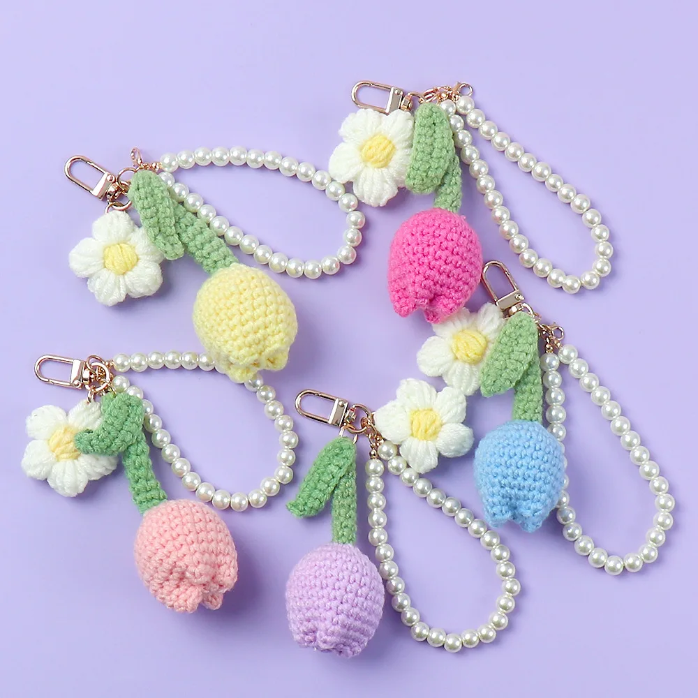 Handmade Wool Knitted Tulip Key Chain Pendant Cute Woven Puff Flower ...