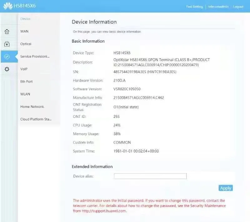 HS8145X6 Wifi 6 ONU ONT GPON 4GE + 1电话。+ 2USB + 2.5G和5g Wifi AX3000Mps ...