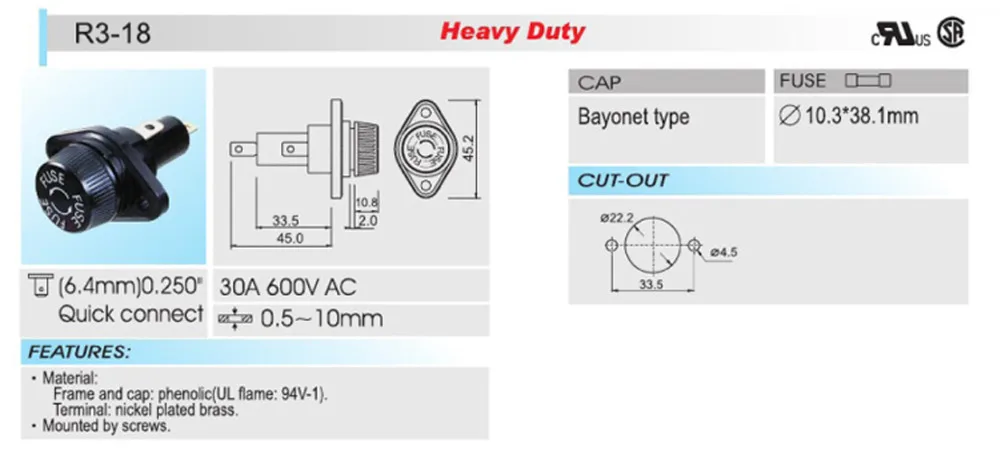 10x38mm Bakelite Fuse Holder - High Voltage & Breaking Capacity