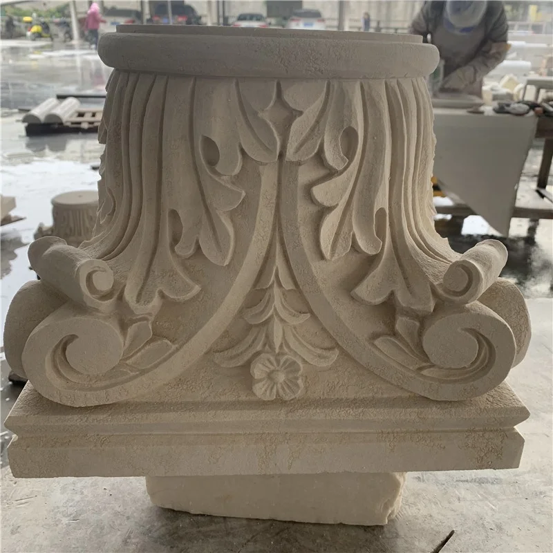 Beige Limestone Carve Decorative Stand Pillar Column Base Natural Stone ...