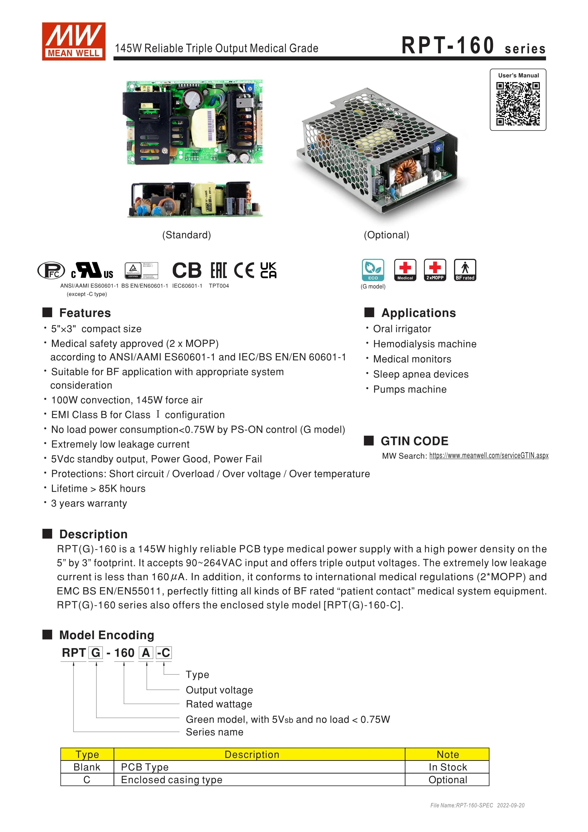 Original Mean Well Rpt(g)-160a-c Ch3 145w Reliable Triple Output ...