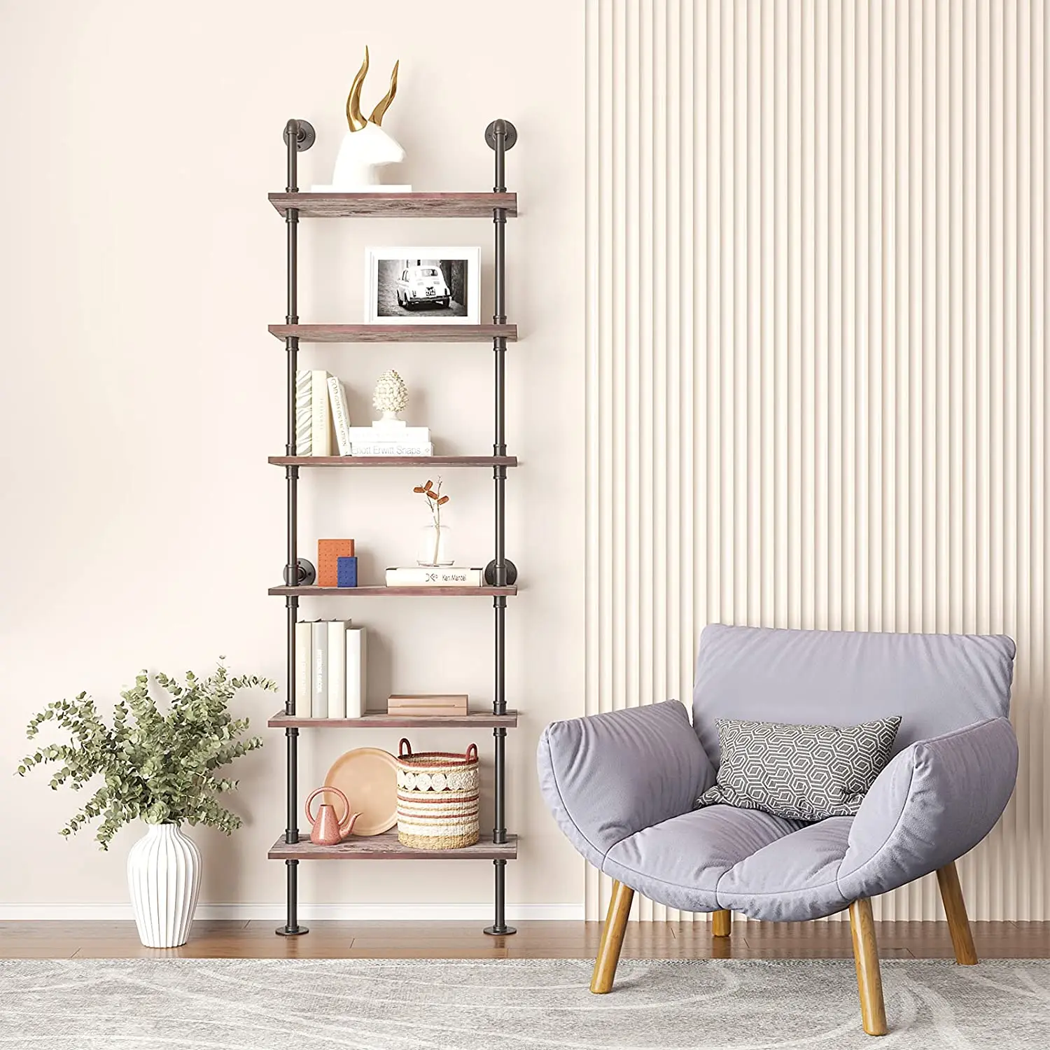 6-tier Black Industrial Pipe Shelf - Rustic Wood Wall Storage