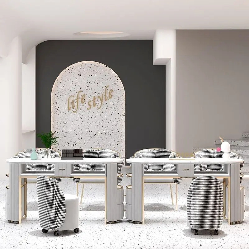 Modern Grey Marble Top Double Nail Table And Chair Set Gold Metal Frame ...