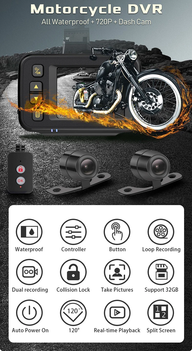 Motorcycle Dvr Dash Cam - Full HD Front Rear View