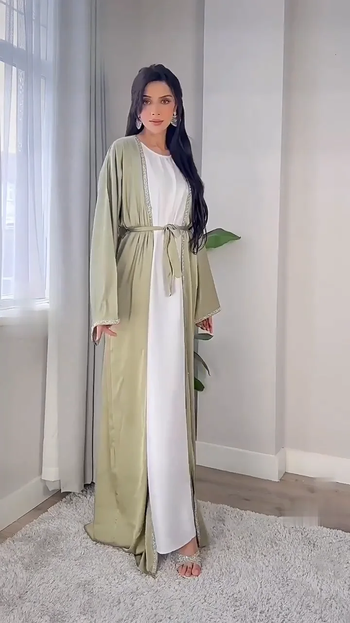 Islamic Modest Clothing Hot Diamond Muslim Dress Soft Satin Women Open ...