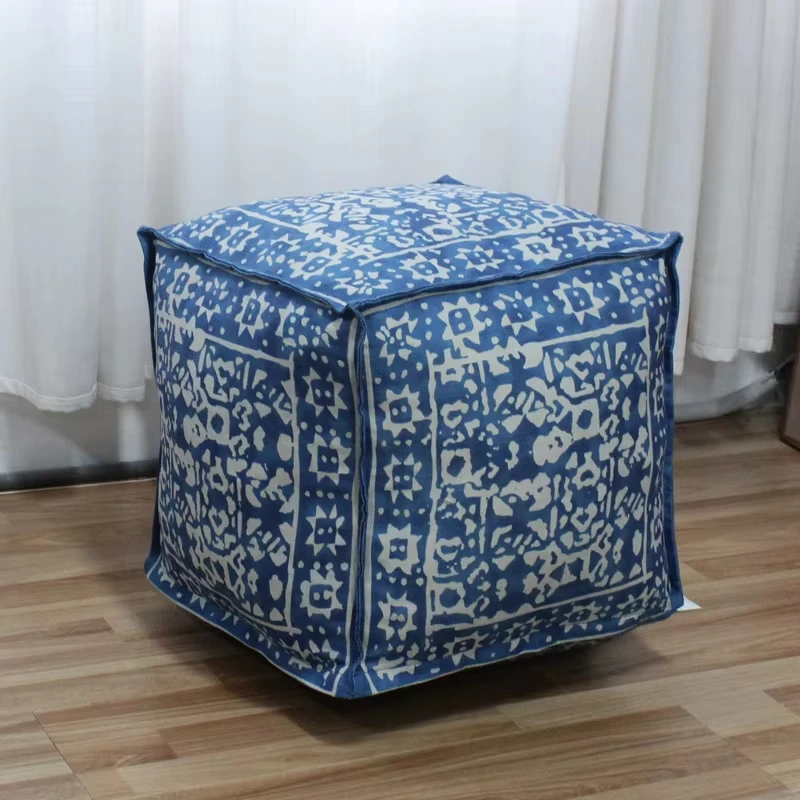 China Blue Calico Cover Cube Square Footstool Filled With Crushed ...
