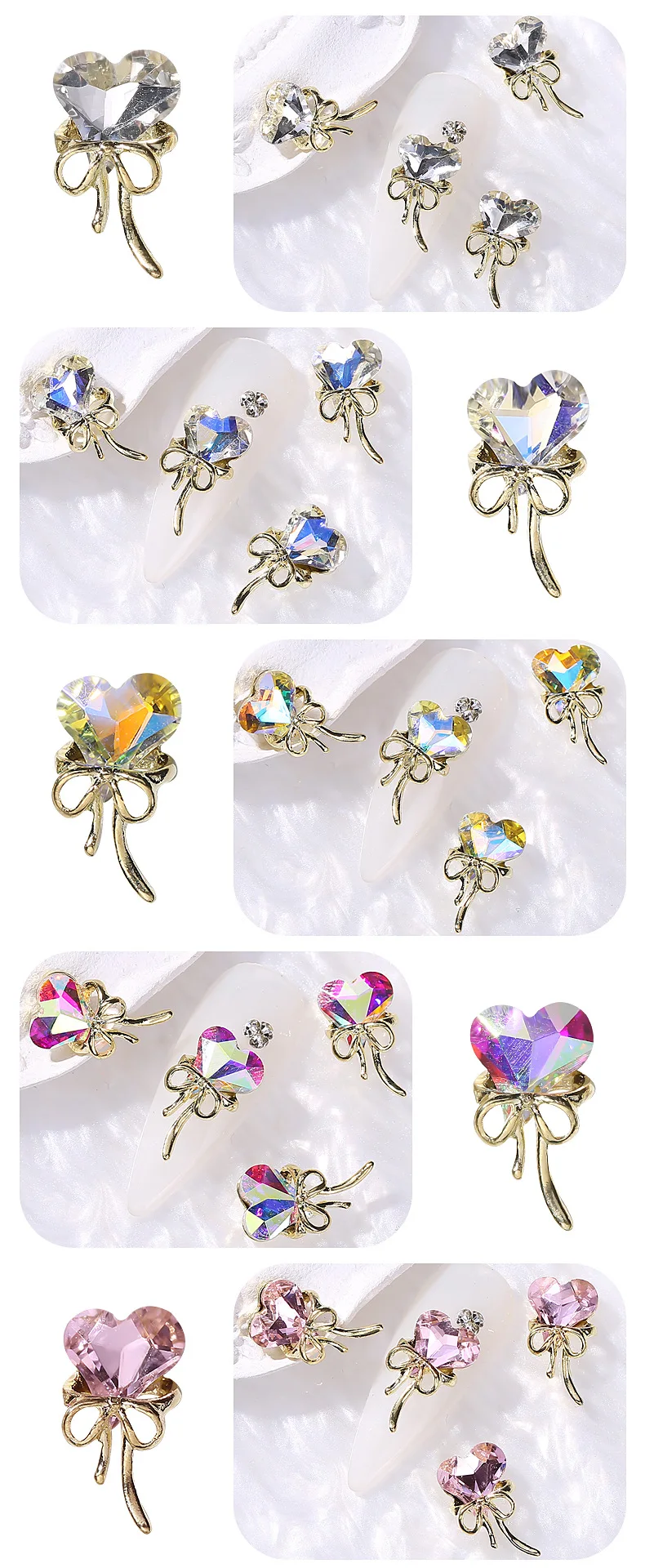 Hot Sale Slanting Heart Nail Charms Rhinestone Crystal Gems Gold Metal ...