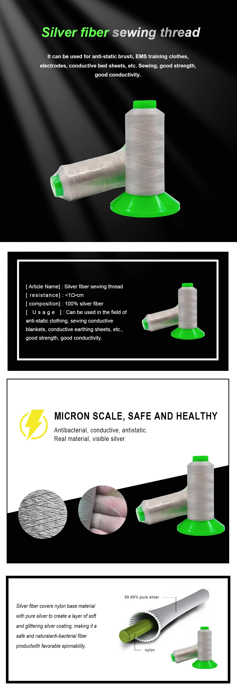 Silver Plated Conductive Sewing Thread Anti Static Silver Thread Plated ...