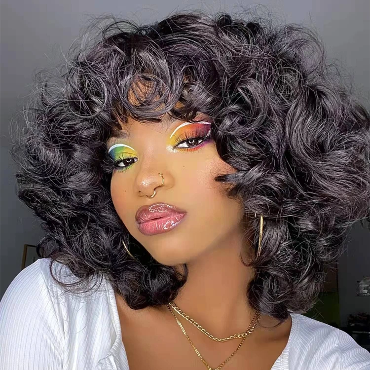 Bouncy Curly Human Hair Wigs with Bangs - Peruvian Remy Fumi Curls