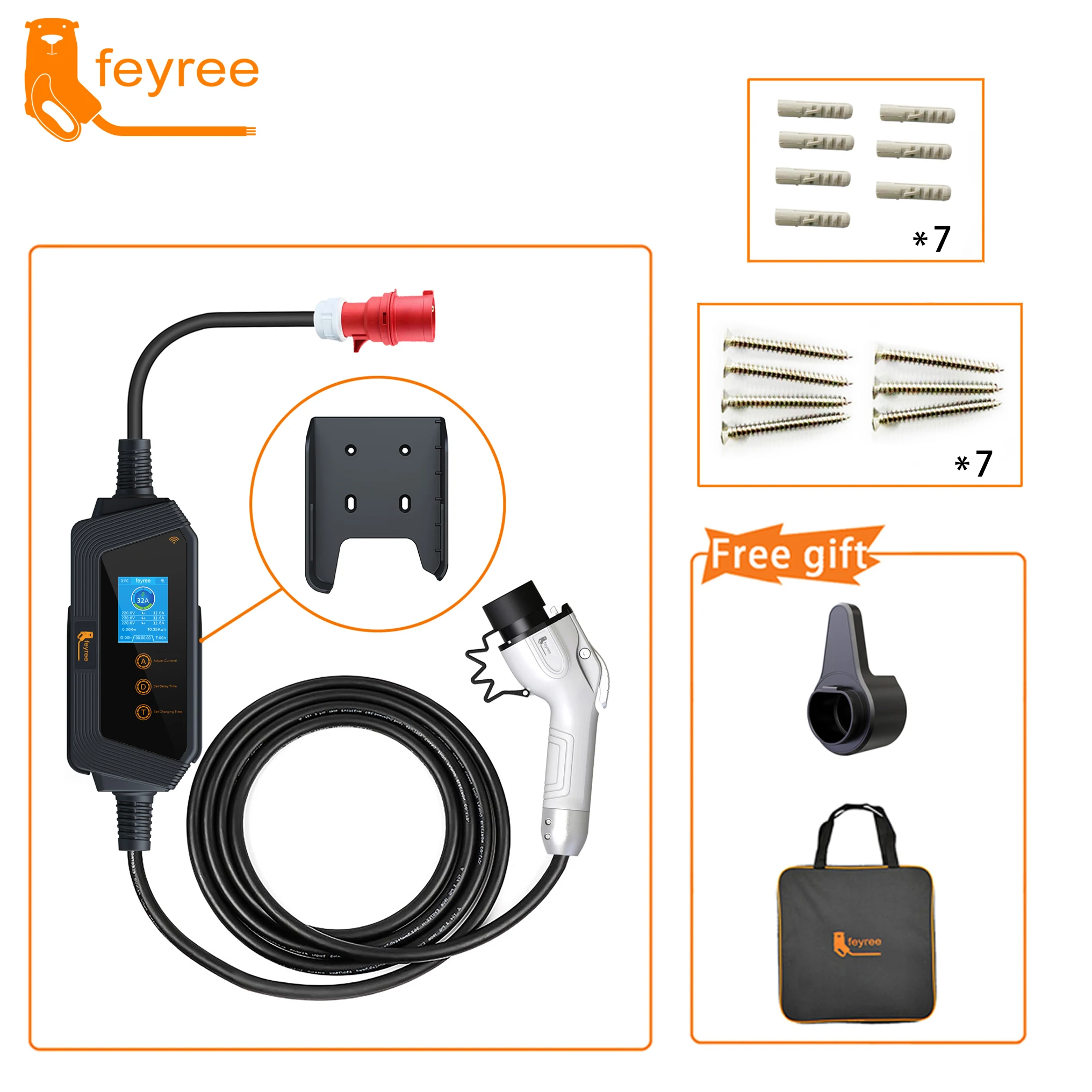 Feyree 22kw 32a 3phase Type2 Portable Ev Charger Wi-fi App Control Evse ...