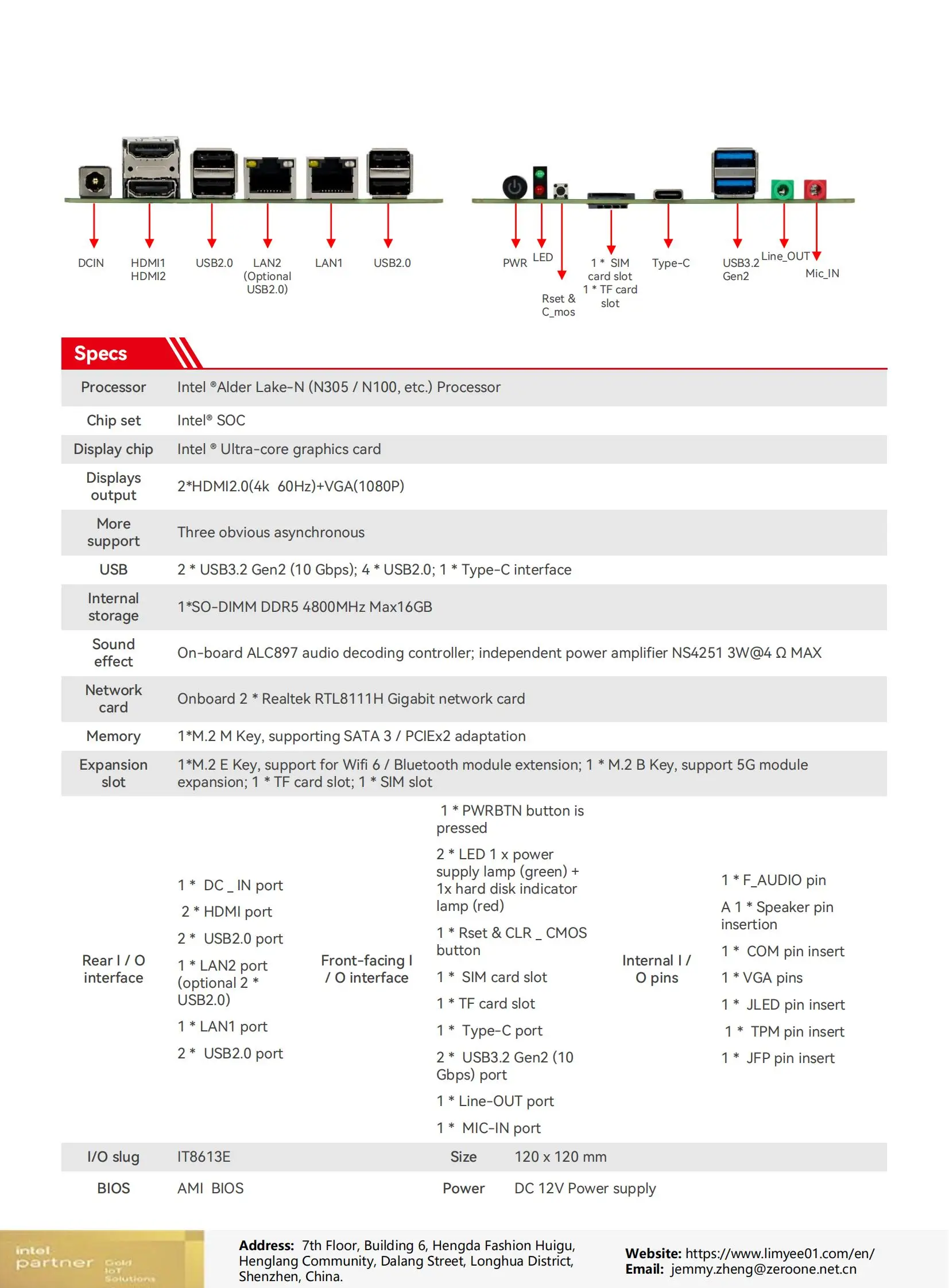 Nano Itx Motherboard N100 N95 CPU with 2 LAN 2 COM RS232 DP