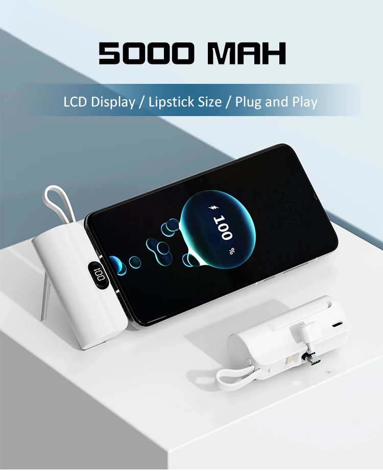 5000mAh Mini LED Digital Display Power Banks Straight Plug Built-In ...