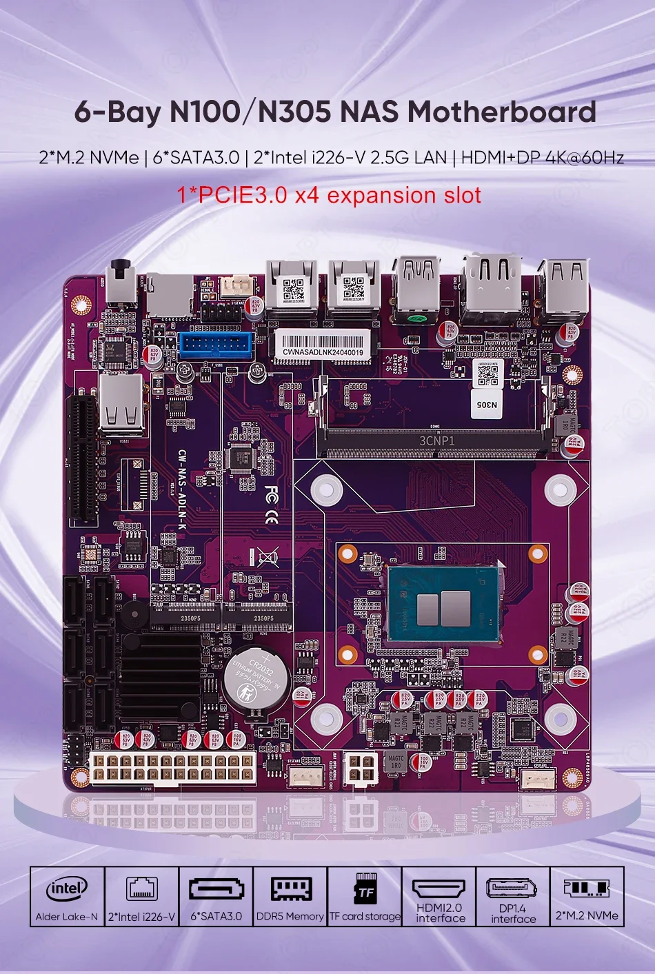 6-Bay NAS Mini ITX Motherboard, i3-N305/N100, Dual 2.5G LAN, 2 M.2 NVMe ...