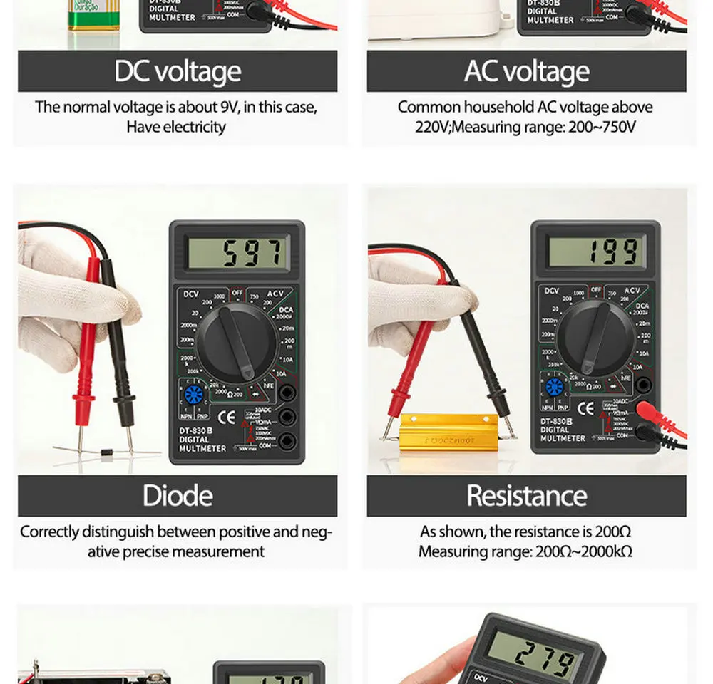 DT-830B Digital Voltmeter Ohmmeter Ammeter Multimeter Handheld Tester ...