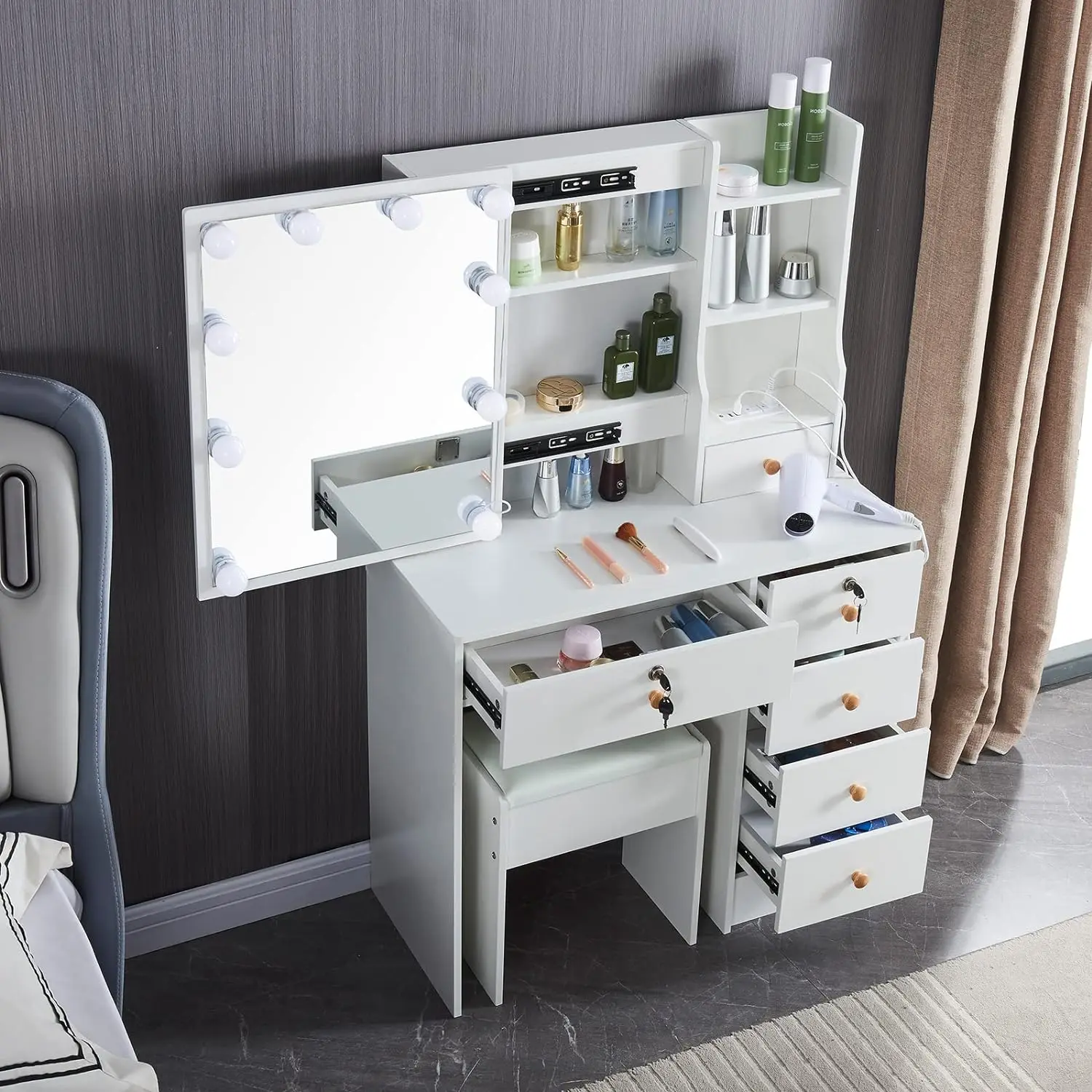 White Vanity Table With Lighted Mirror Makeup Desk Dressing Table With ...
