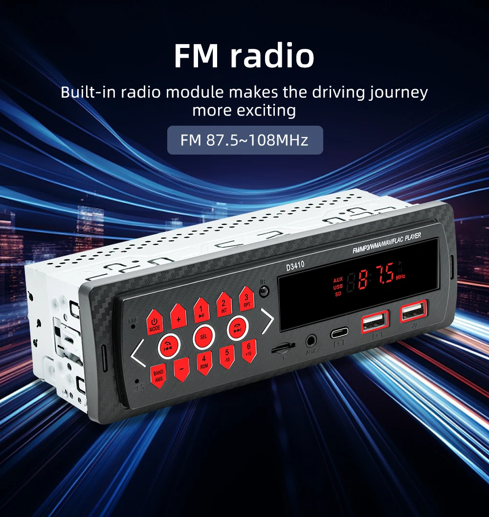 BQCC D3410 Car MP3 Player - Bluetooth, AI Voice, & Lights