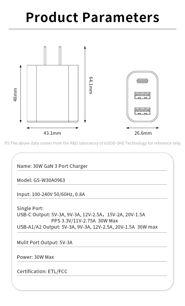 Gan 33 Watt Fast Charger - 30W PD + QC Adapter for Phones
