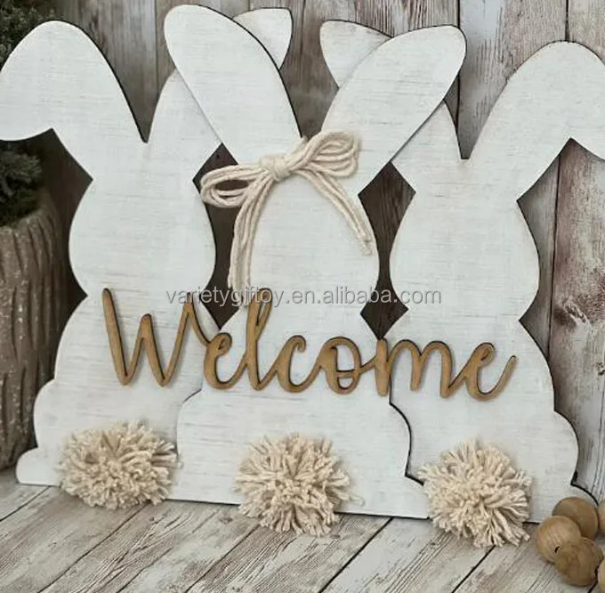 Wooden Rabbit Welcome Decoration Easter Rabbit Wall Sign For Easter ...