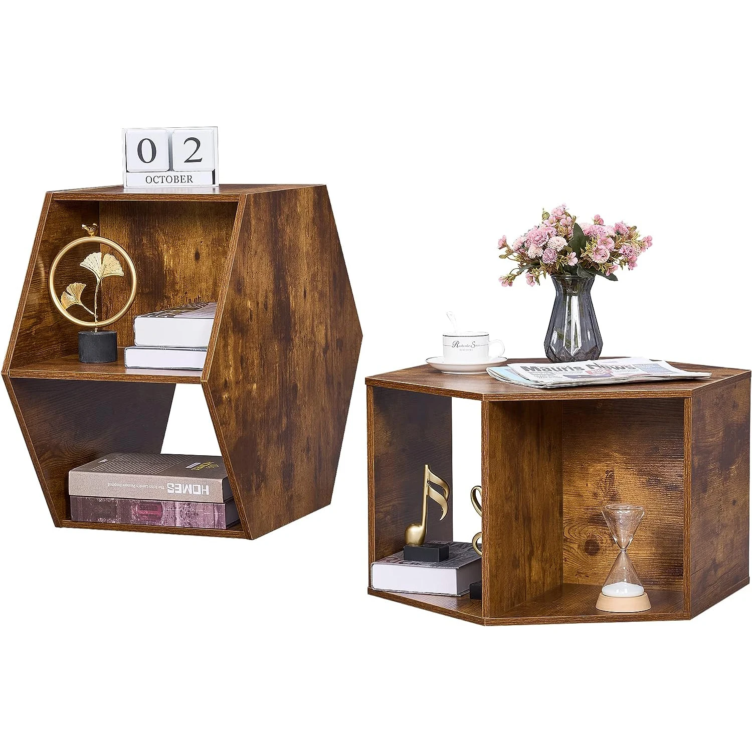 Hexagonal Small Coffee Table Multifunctional Faceted Top End Table Wood ...