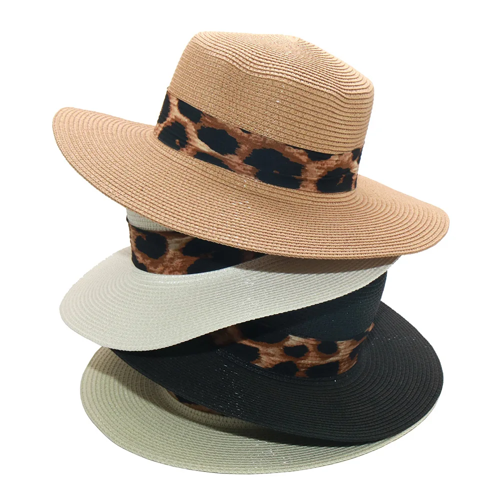 Wholesale Summer Straw Hat Ladies Flat Top Leopard Print Webbing Hat ...