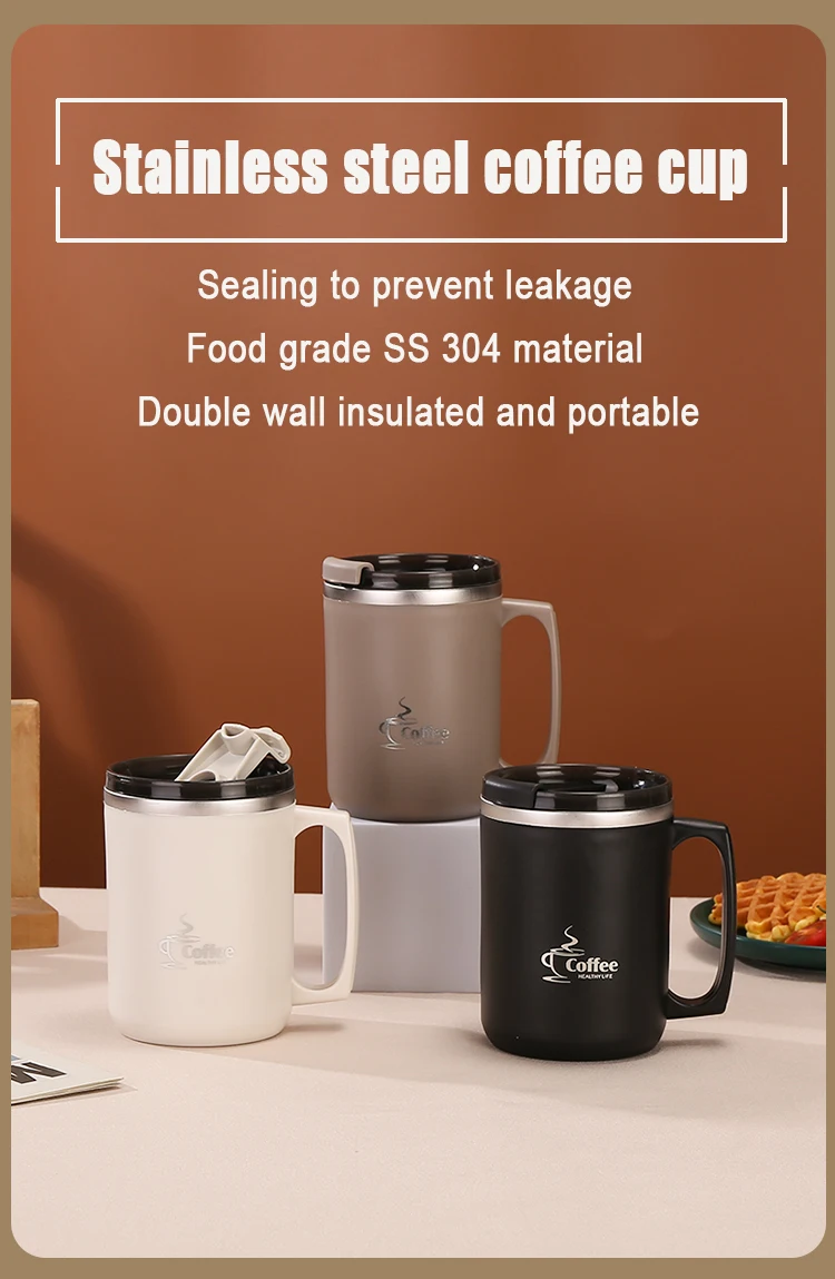 Wholesale 430ml 304 Stainless Steel Double Wall Thermo Coffee Mug Travel Cup with Handle Custom ...