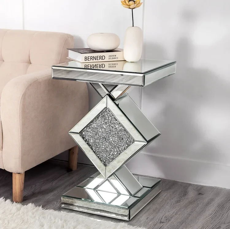 Mirrored End Table With Crushed Crystals Inlay Square Modern Side Table ...