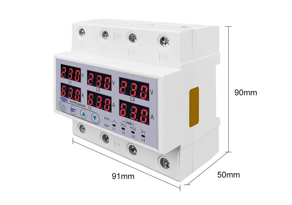 3 Phase 63A Din Rail Adjustable over under Voltage Protection Relay