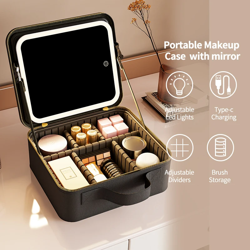 Travel Portable Makeup Organizer with LED Light Mirror