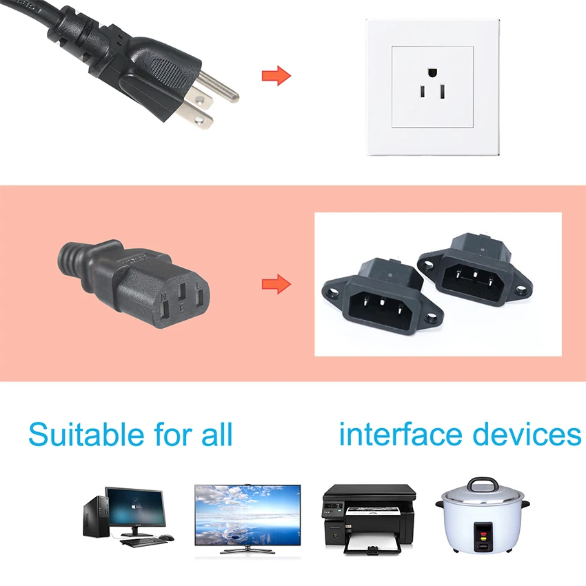 C14 Cable Connector Cord Female 3Pin Socket NEMA5-15P 10a 110v Iec14 ...