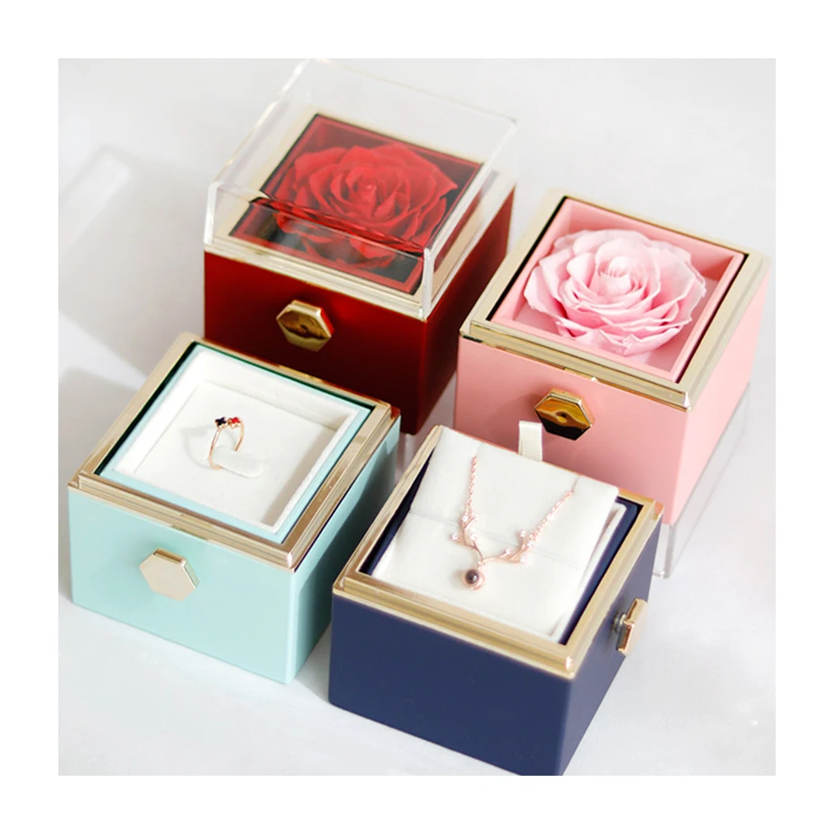 Rotating Eternal Rose Box Double Heart Engraved Flower Necklace Gift ...