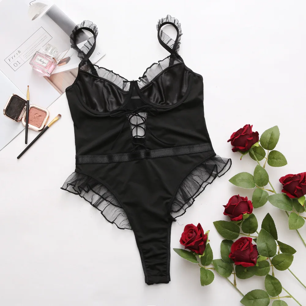 Black Sexy Womens Lingerie Bodysuit One Piece Lace Teddies Sleepwear