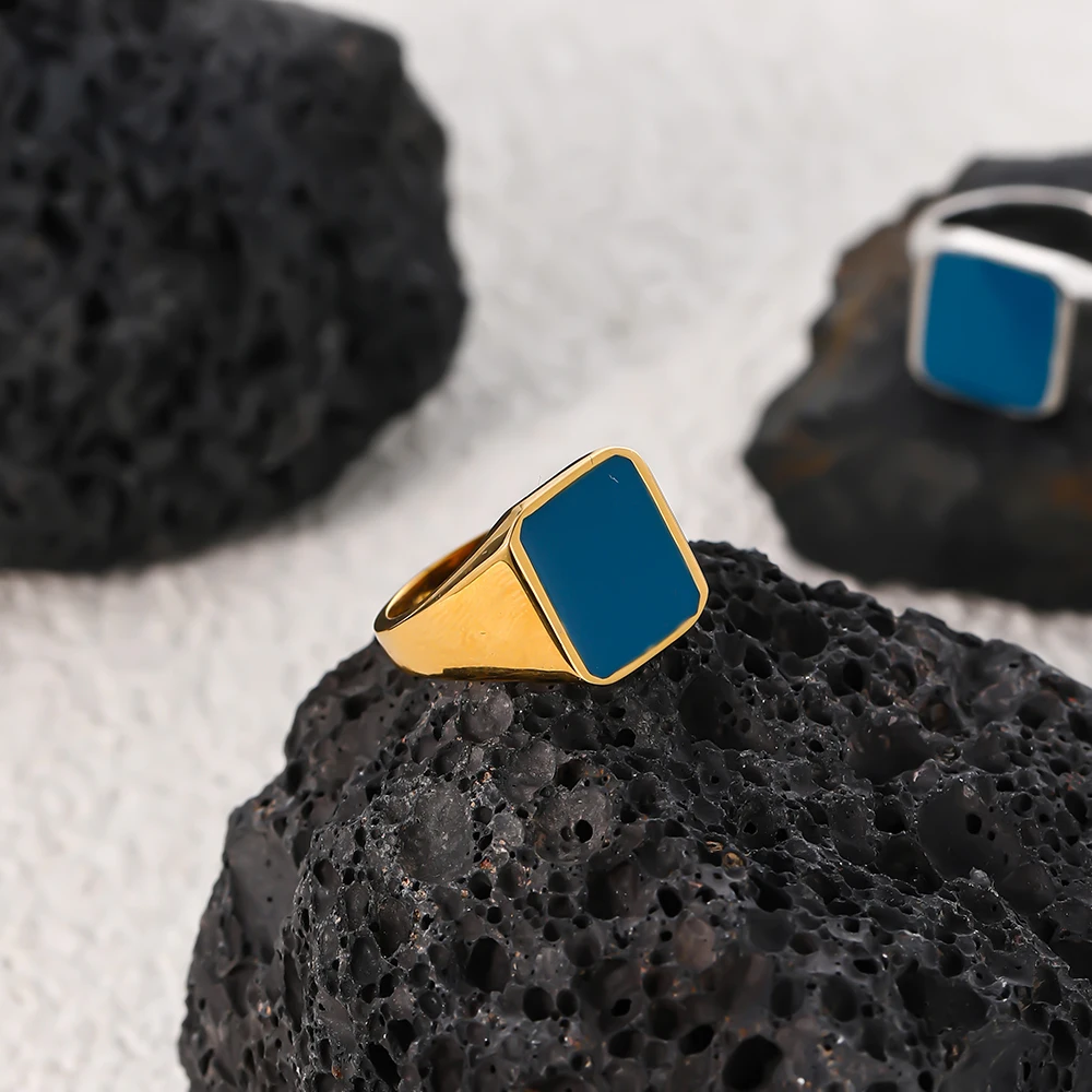 VAF Latest Design Sky Blue Enamel Signet Statement Ring Men's Stainless ...