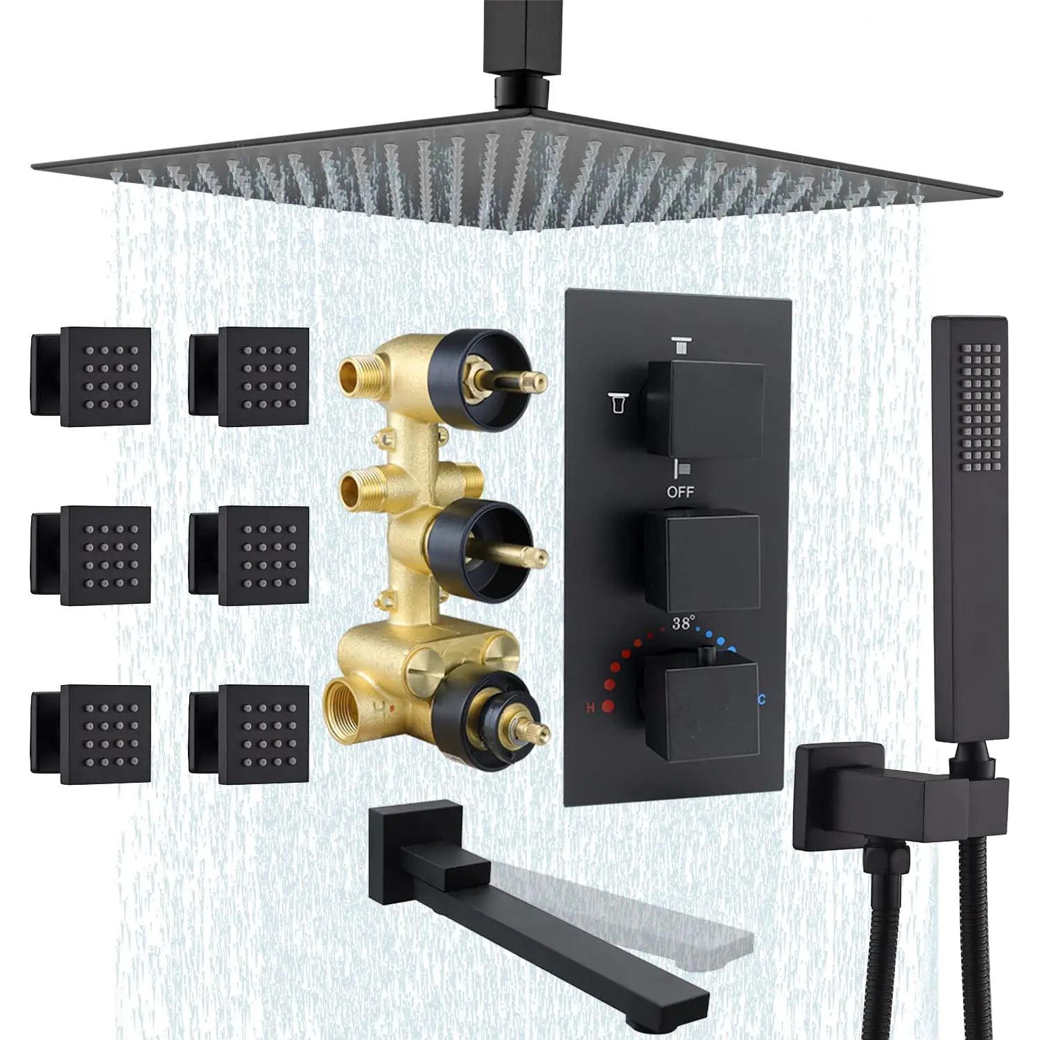 Luxury Thermostatic Wall Mounted Bathroom Shower System Ceiling Shower Head Concealed Shower ...