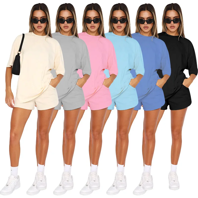 High Quality Women Custom Logo Two Piece Set Sportswear Solid Color ...