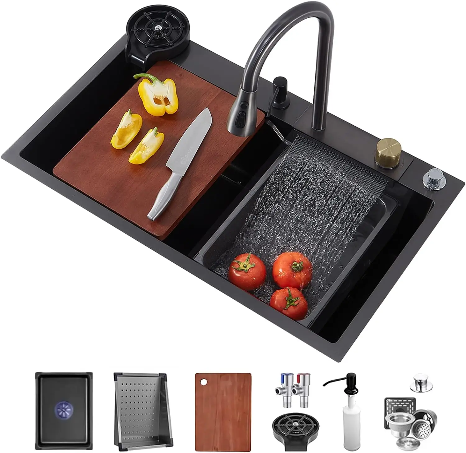 Stainless Steel Nano Step Sink Kitchen Dark Grey Single Bowl Waterfall ...