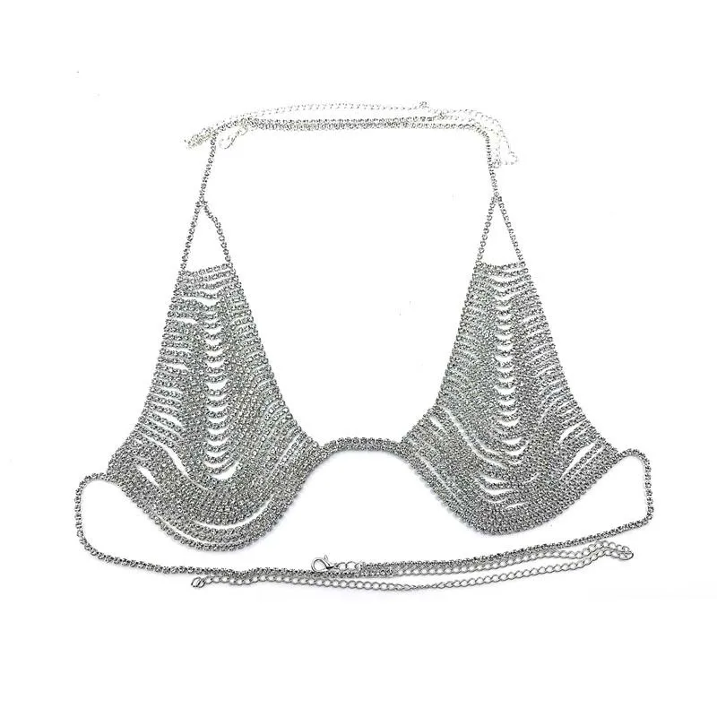 Club Prom Shinny Heart Rhinestone Bra Body Chest Chain Harness Bikini