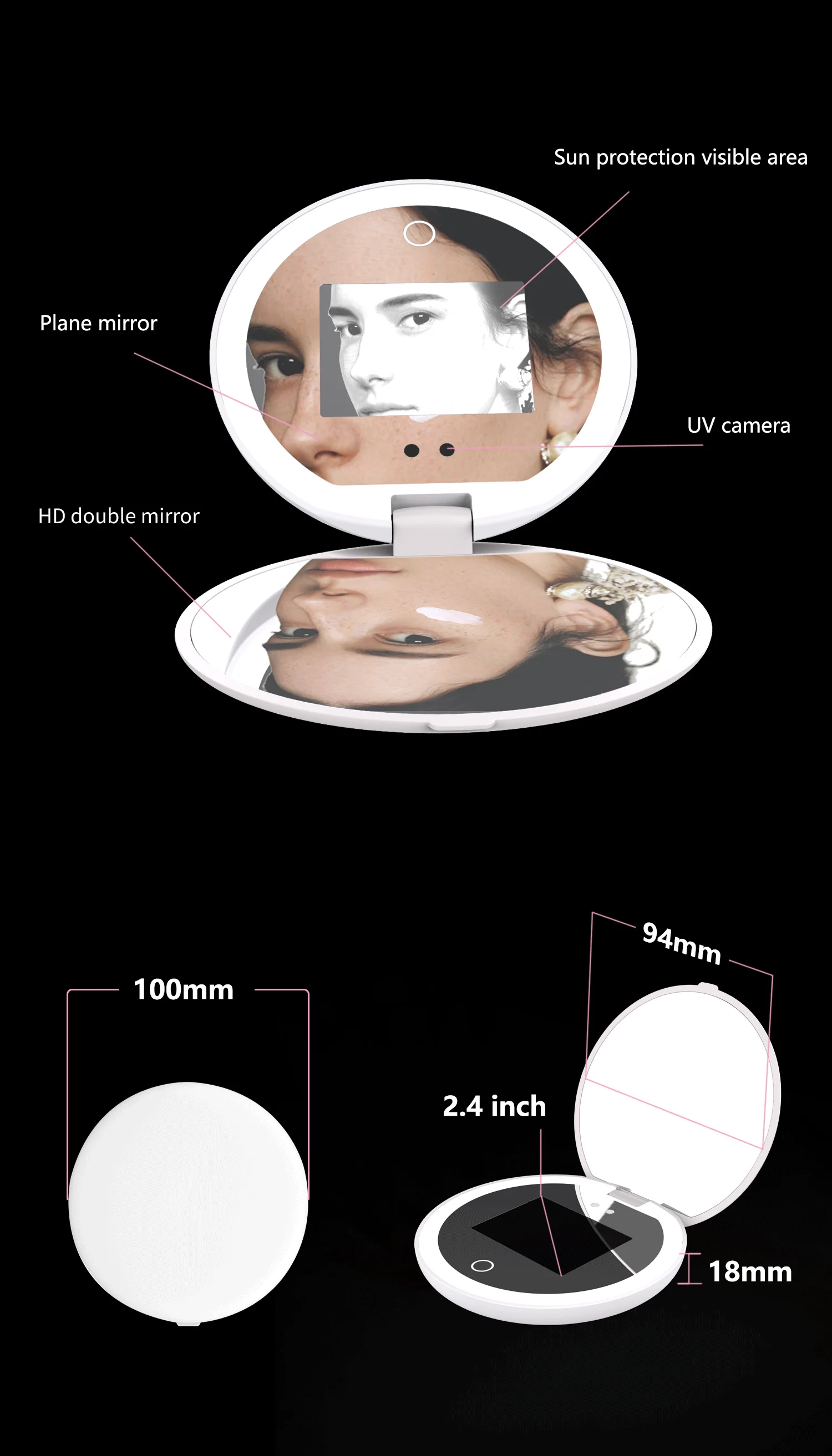 Portable LED Compact Handheld Mirror for UV Camera Skin Test