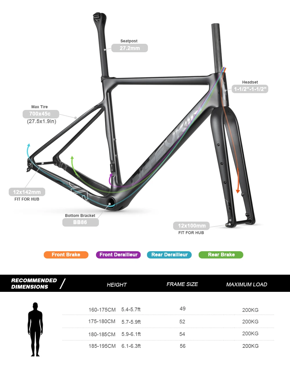 T800 Carbon Road Bike Frame Disc Brake 700C Track Bikes Frameset ...