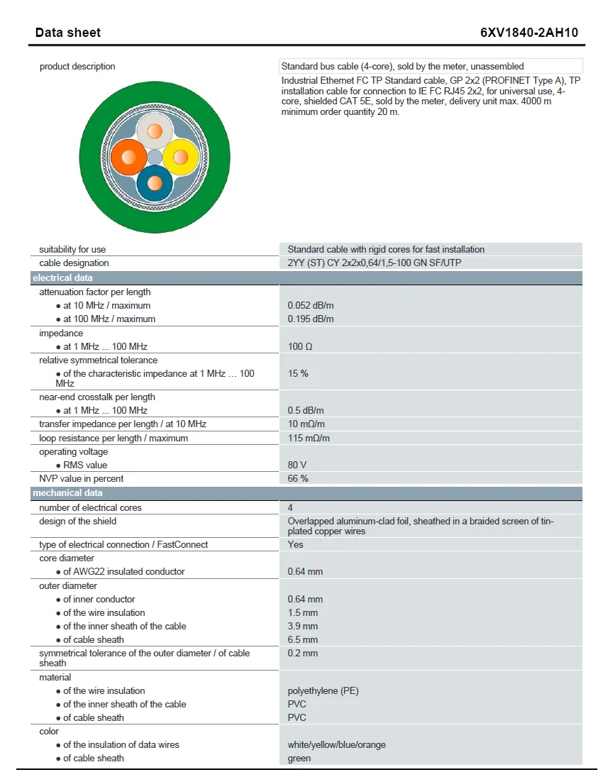 6XV1840-2AH10 Profinet Industrial Ethernet Cable - Reliable Performance