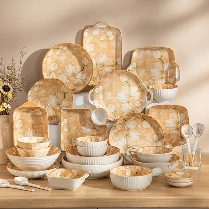 Wholesale Printed Ceramic Tableware Decoration Yellow Floral Vintage ...