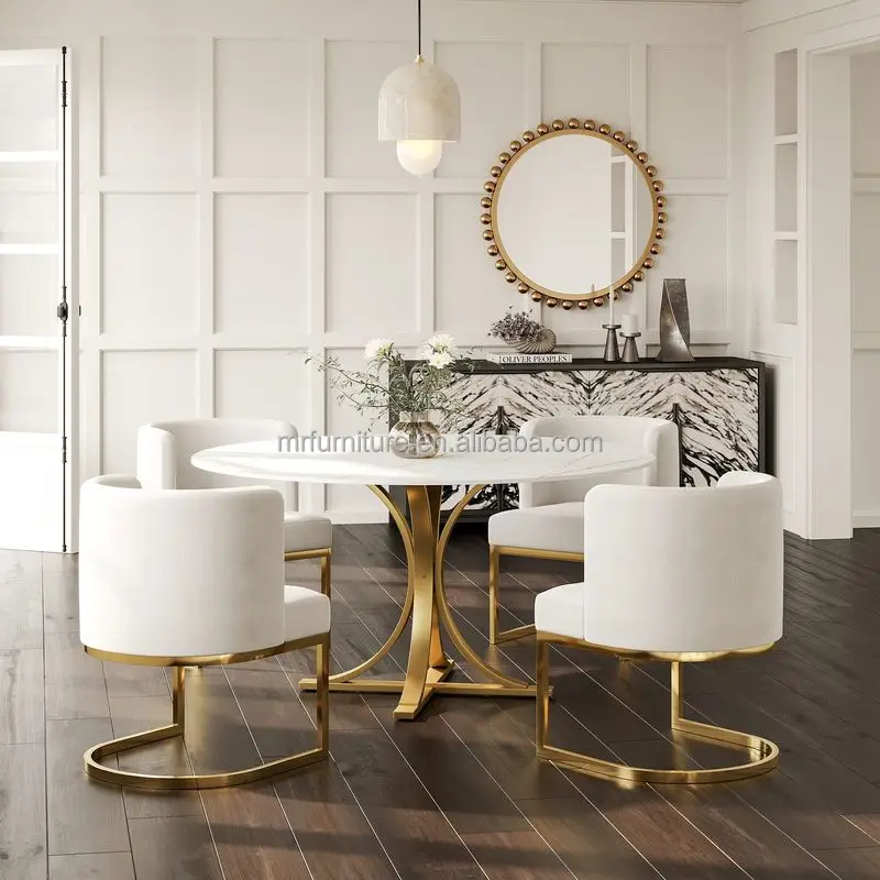 Modern Round Marble Dining Table With Set Of 4 White Velvet Barrel