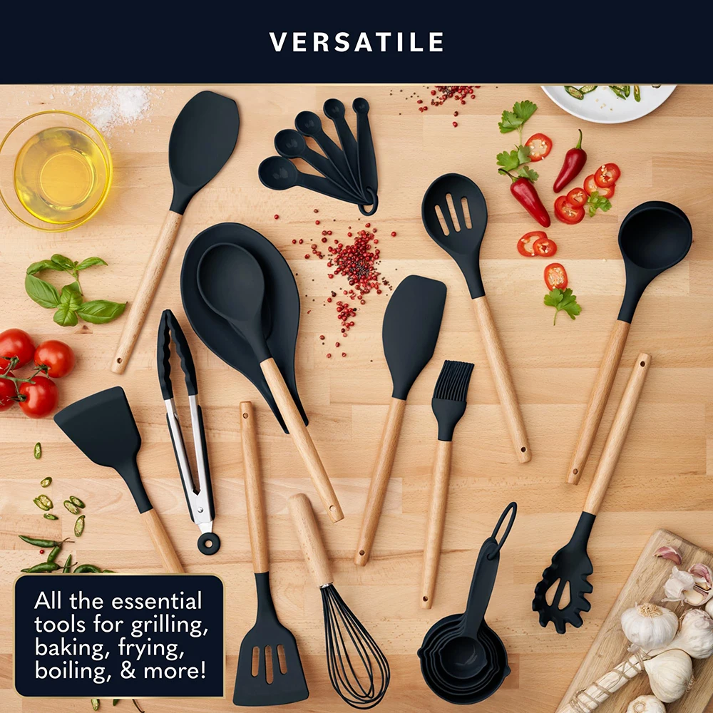 Flywod Kitchen Tools Gadgets Wood Silicone Cooking Utensils Kitchen Set ...