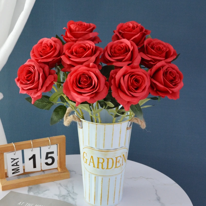 Artificial Flower Rose Realistic Single Stem Fake Silk Rose Bouquet For ...