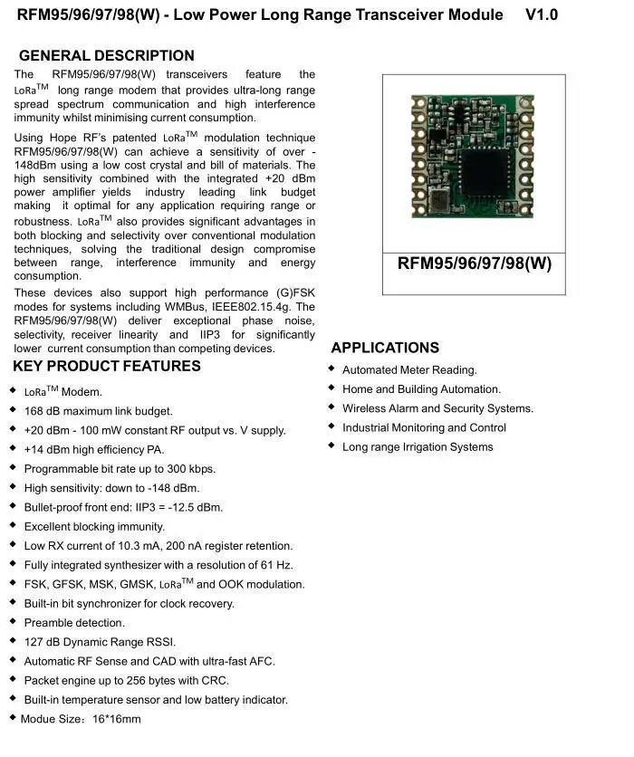 Lora Module Rfm95w 868mhz/915mhz Sx1276 Wireless Transceiver Module ...