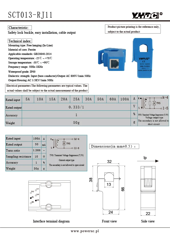 SCT-013 Split-Core Current Transformer with RJ11 Connector