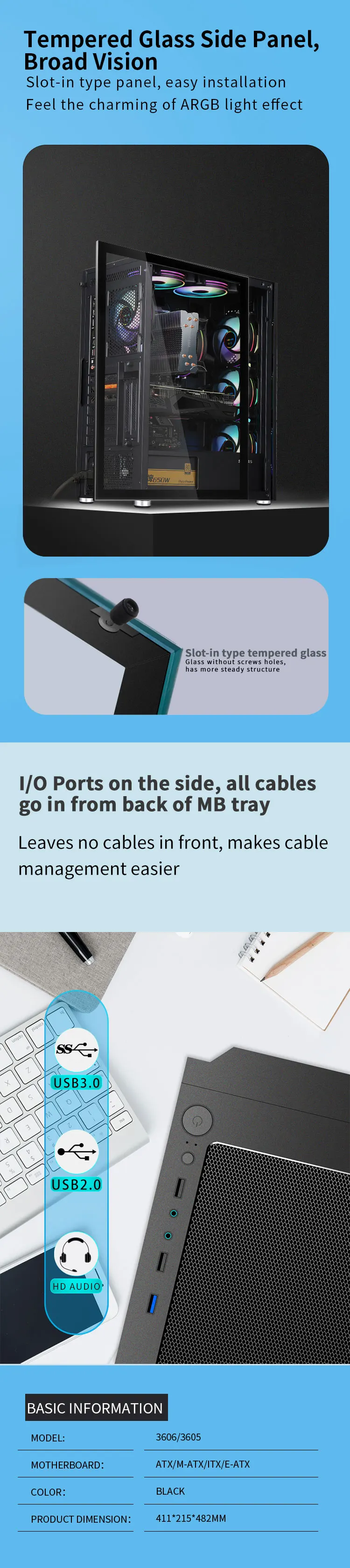 Atx Tower Gaming Pc Case Usb3.0 Mid Tower Computer Chassis With ...